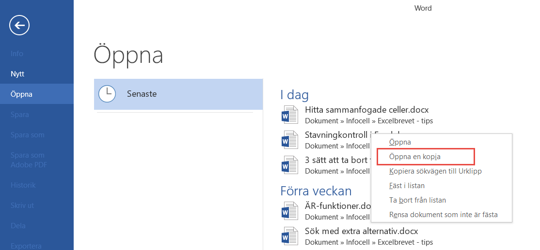 Öppna en kopia av dokument - Excelbrevet