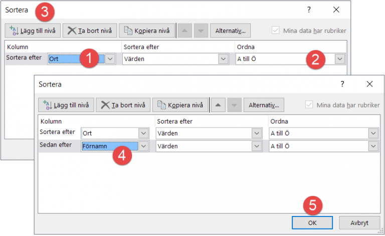 Sortera i flera nivåer i Excel - Excelbrevet