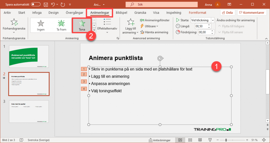 Animera punkter med nedtoning - Excelbrevet