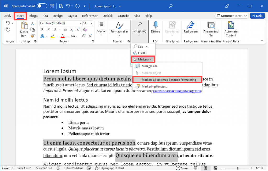 Markera all text med liknande formatering i Word - Excelbrevet