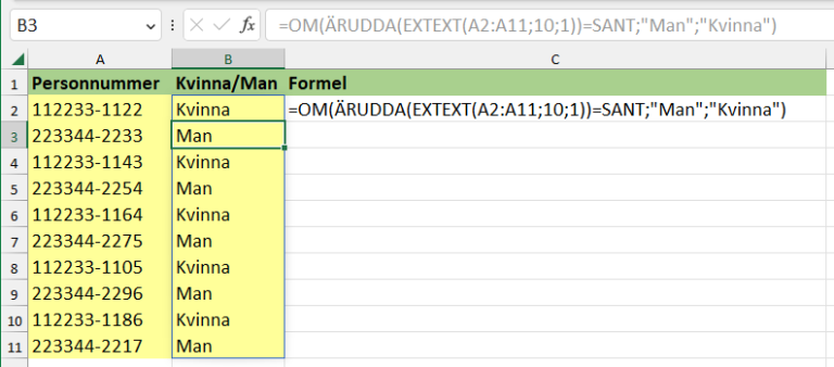 Hitta kvinnor och män via personnummer - Excelbrevet