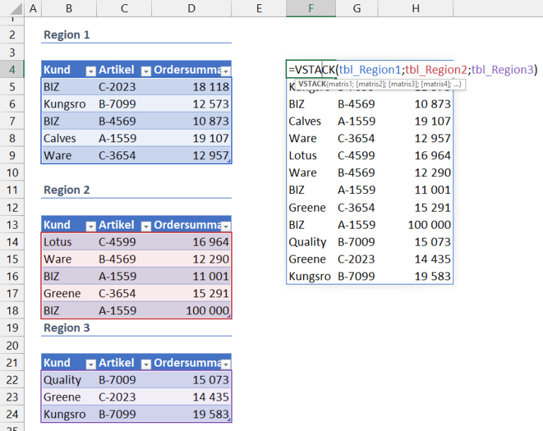 Slå ihop tabeller i Excel med VSTACK och HSTACK - Excelbrevet