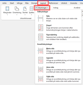 Infoga och ta bort avsnitts-, spalt- och sidbrytningar i Word - Excelbrevet