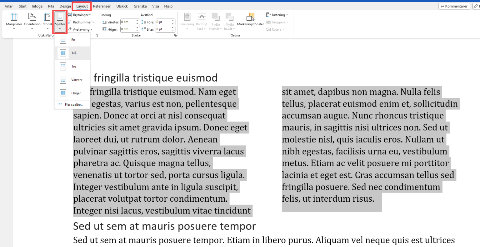 Infoga och ta bort avsnitts-, spalt- och sidbrytningar i Word - Excelbrevet