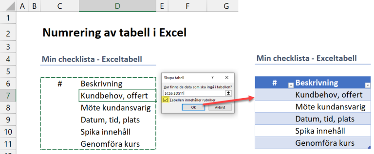Automatisk numrering av Exceltabell - Excelbrevet