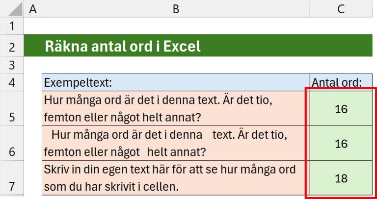 Räkna antal ord i Excel - Excelbrevet