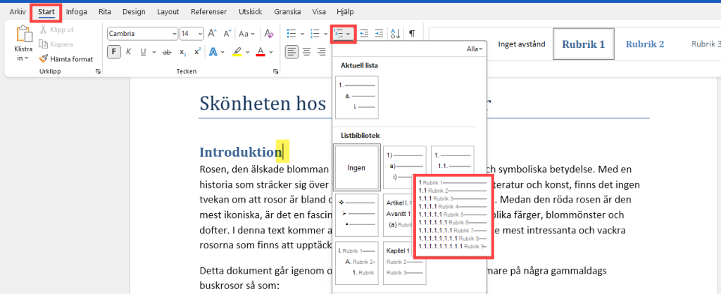 Numrering av rubriker i Word - Excelbrevet