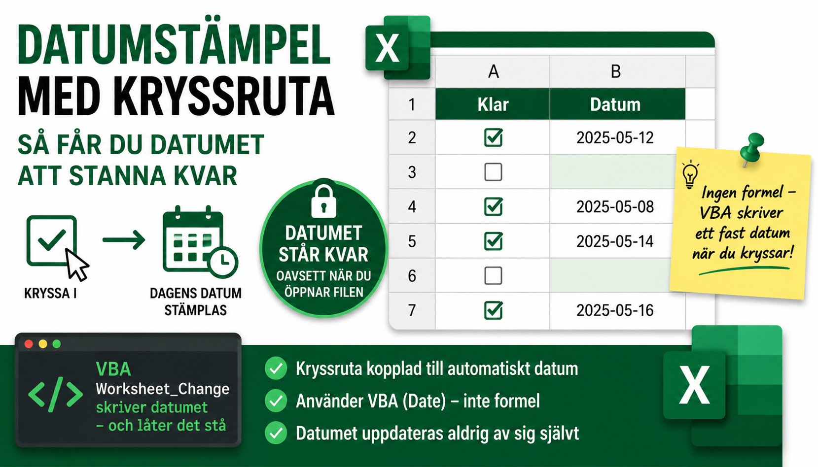 Datumstämpel med kryssruta i Excel - Excelbrevet